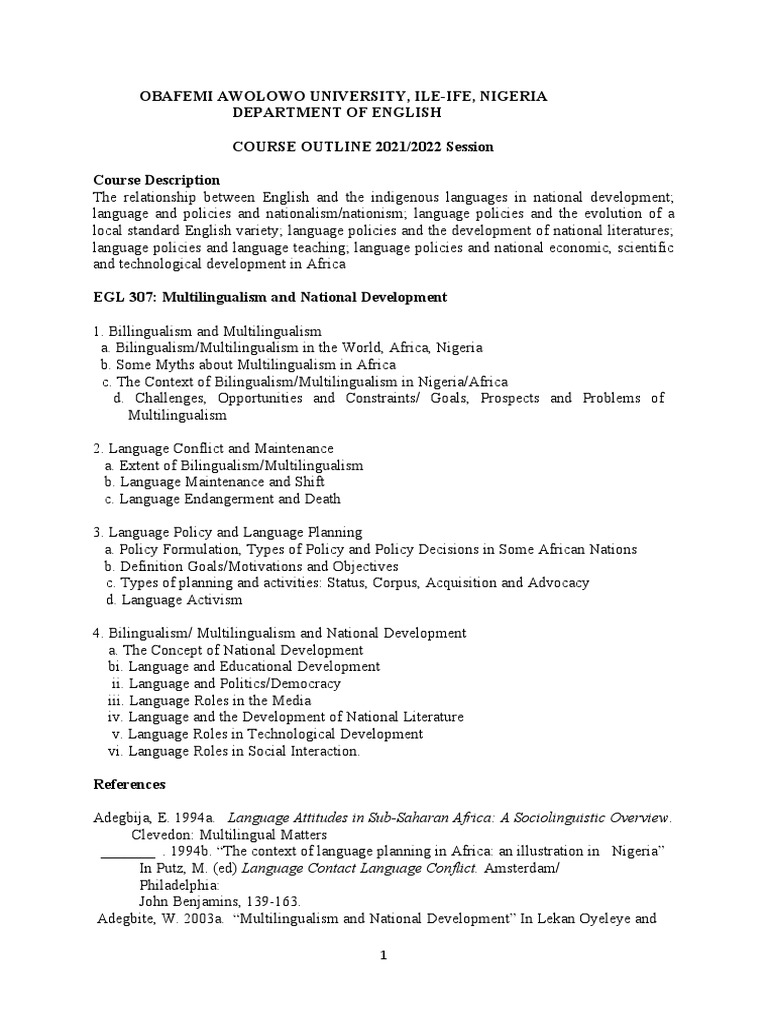 EGL 307 COURSE OUTLINE | PDF