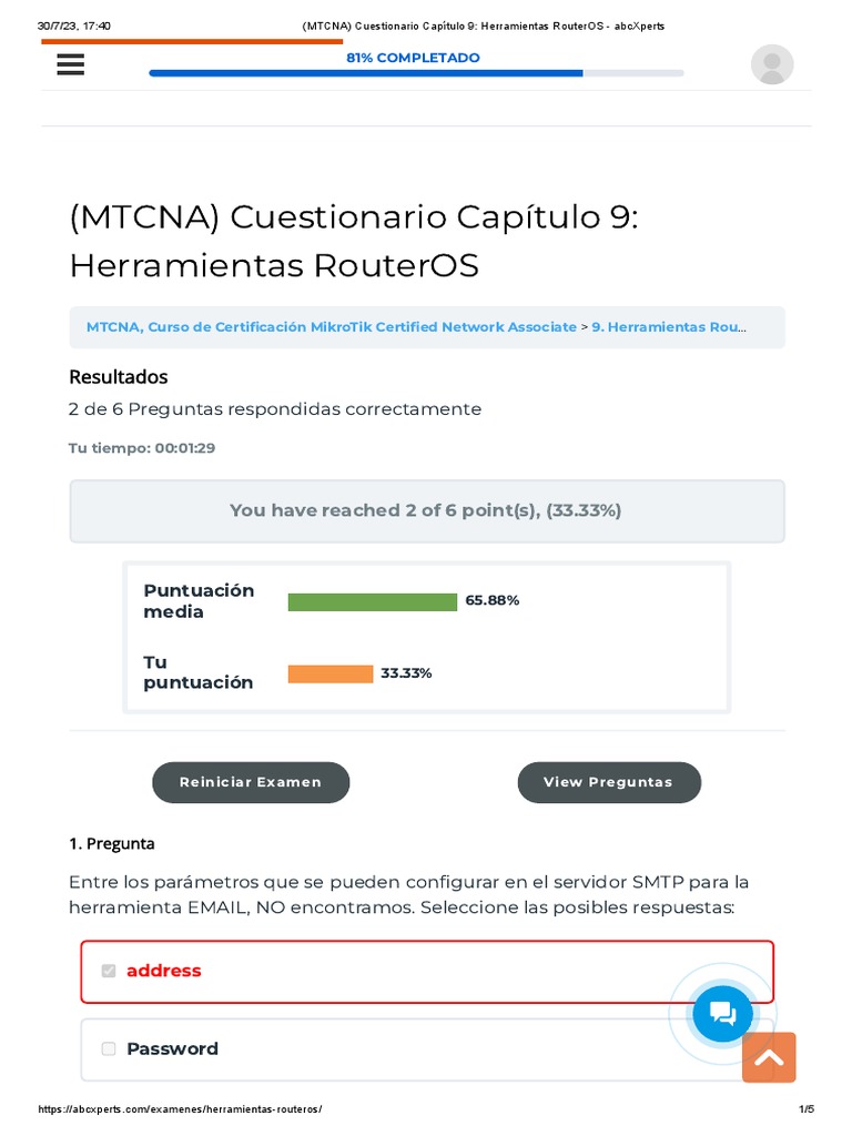 (MTCNA) Cuestionario Capítulo 9 - Herramientas RouterOS - Abcxperts | PDF | Redes de ...