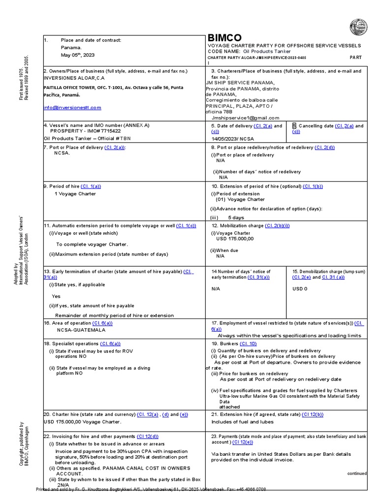 BIMCO Agreement ALOAR-JMSHIP - PROSPRY | PDF | Cargo | Fuel Oil