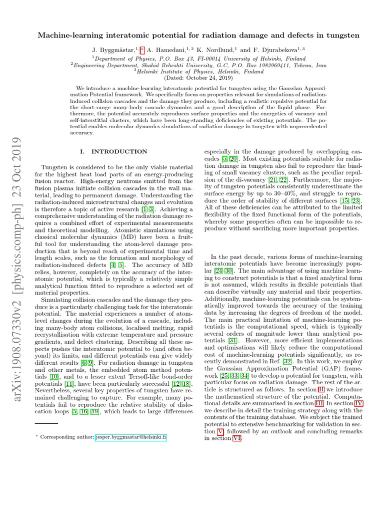 Machine-Learning Interatomic Potential For Radiation Damage and Defects in Tungsten | PDF ...