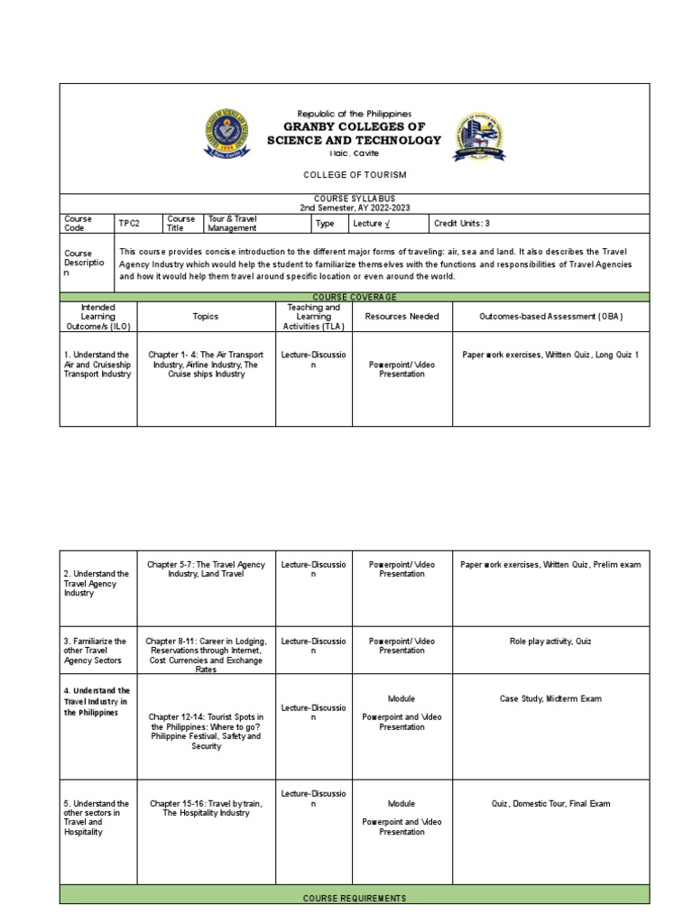 Travel & Tour MGT Syllabus | PDF | Tourism