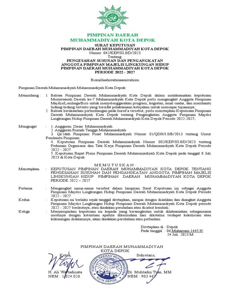 SK Nomor 042 Majelis Lingkungan Hidup PDM Kota Depok Periode 2022-2027 | PDF | Pengelolaan ...