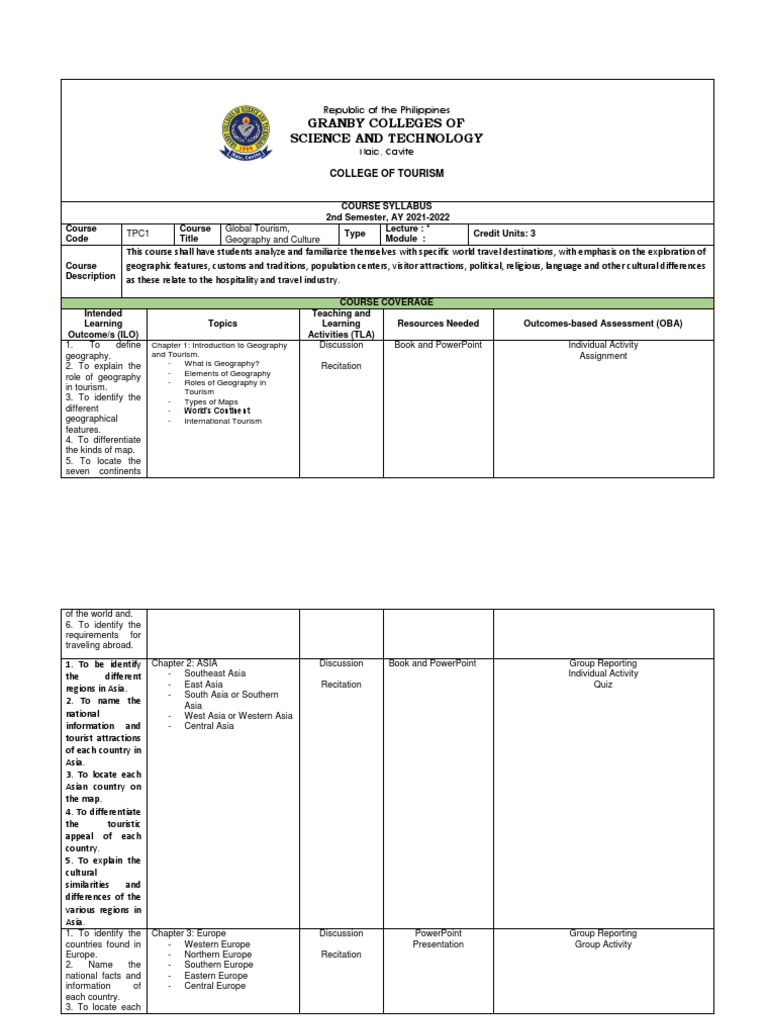 Course Syllabus - Tpc1 - Global Tourism Geography and Culture | PDF ...