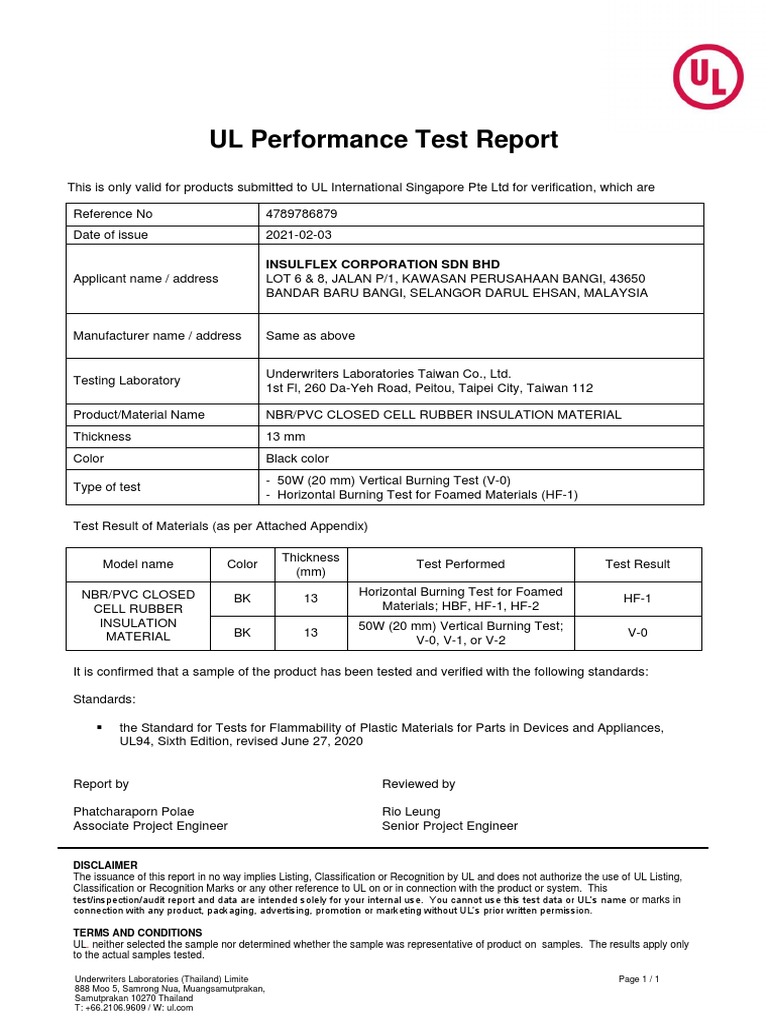 UL 94 V-0, HF-1 Report Only 2021 | PDF