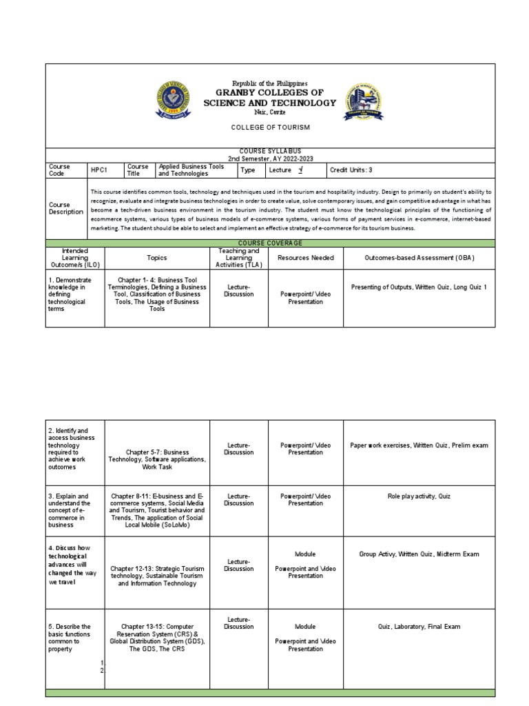 Applied Business Tools and Technologies Syllabus | PDF | Lecture | E ...