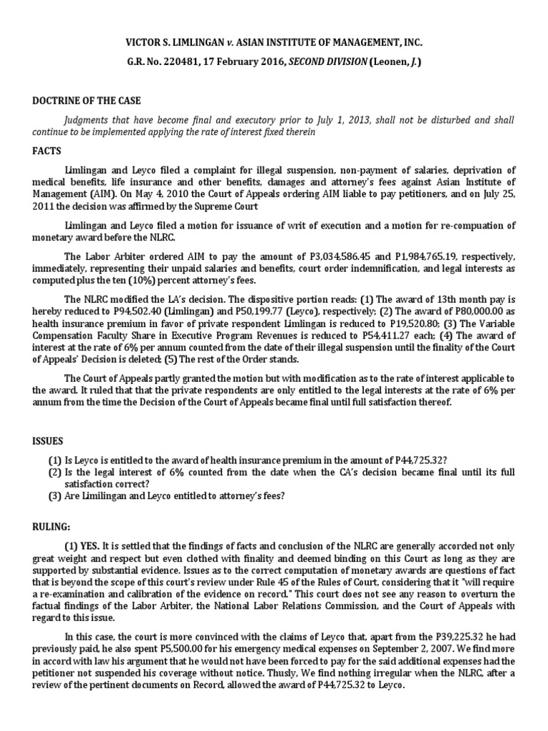 Limlingan v. AIM: Salary Dispute Ruling | PDF | Interest | Attorney's Fee