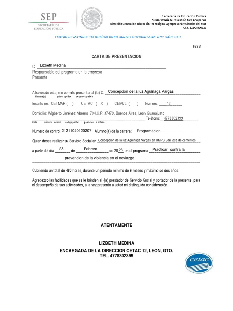 Carta de Presentación para Servicio Social CETAC 12 | PDF
