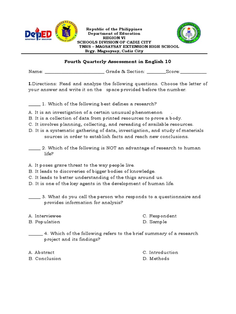 English 10 4th Quarter Exam | PDF | Survey Methodology | Linguistics