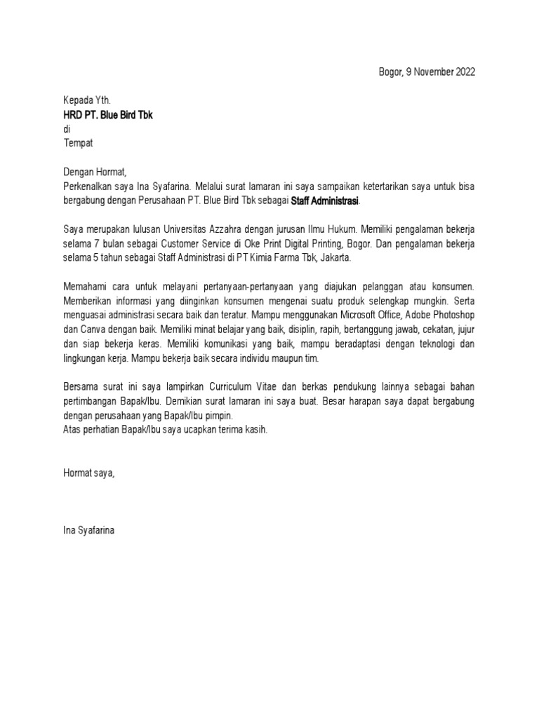 Surat Lamaran Kerja - PT Blue Bird TBK | PDF | Karier & Perkembangan