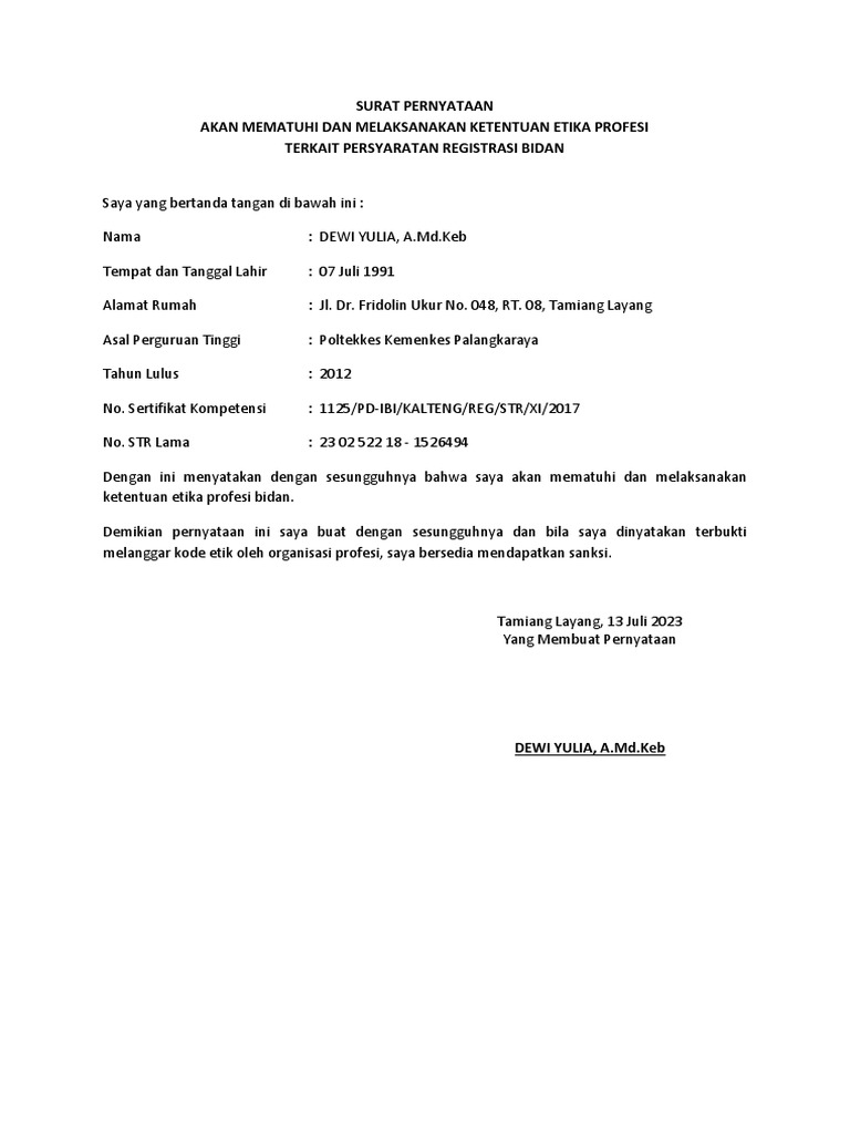 Surat Pernyataan Patuh Kode Etik Dewi Yulia | PDF Surat Pernyataan Patuh Kode Etik Dewi Yulia | PDF