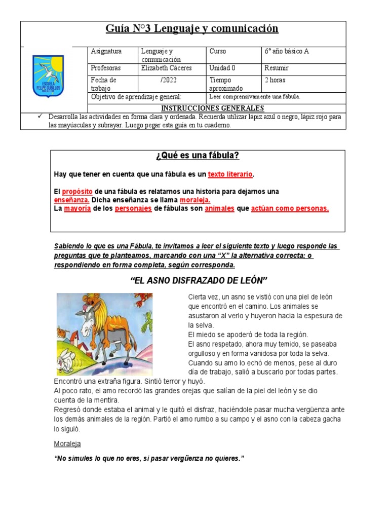 Actividades Didácticas de Fábulas 6° Grado | PDF | Fábula | León