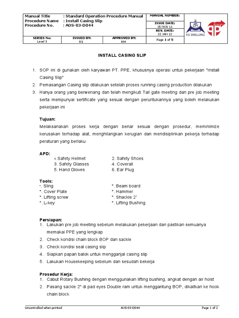 D044-QSOP - Install Casing Slip (DRL) | PDF