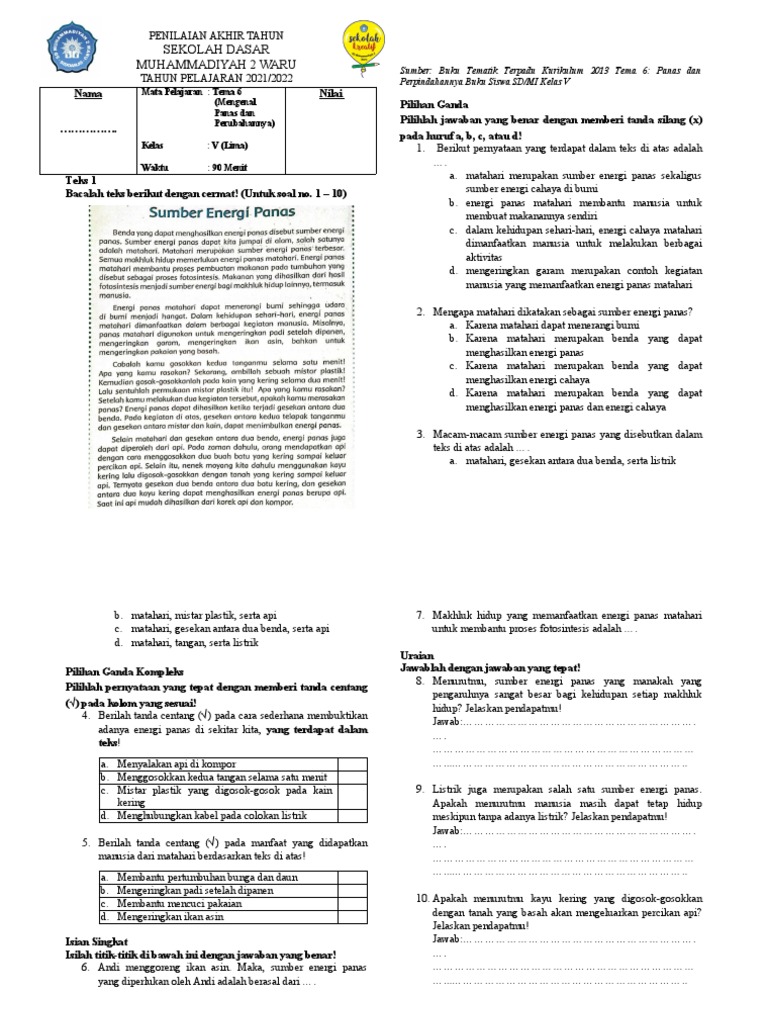 Soal PAT Tema 6 Kelas 5 2021-2022 | PDF
