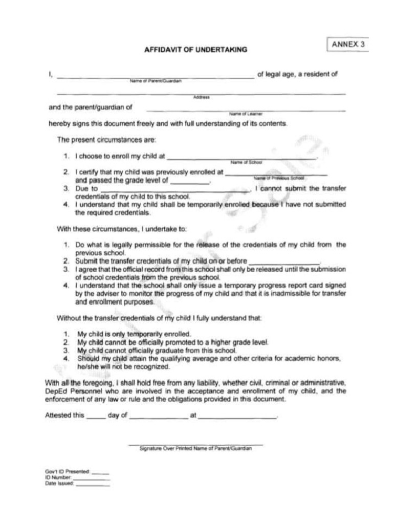 Affidavit of Undertaking Annex 3 DepEd-Final | PDF