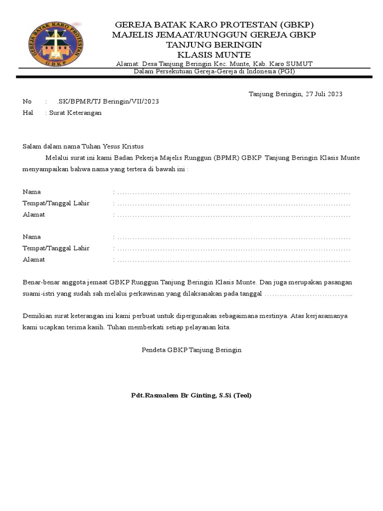 Surat Keterangan Anggota Jemaat GBKP | PDF