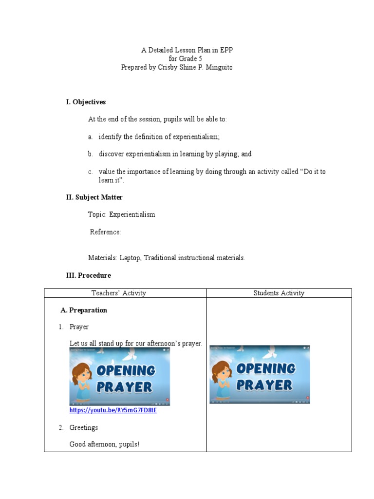 A Detailed Lesson Plan in EP | PDF