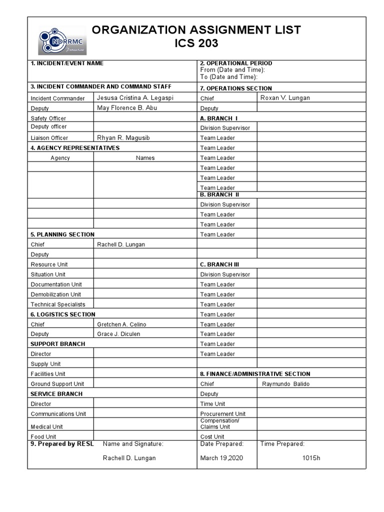 ICS 203 Organization Assignment List | PDF | Business