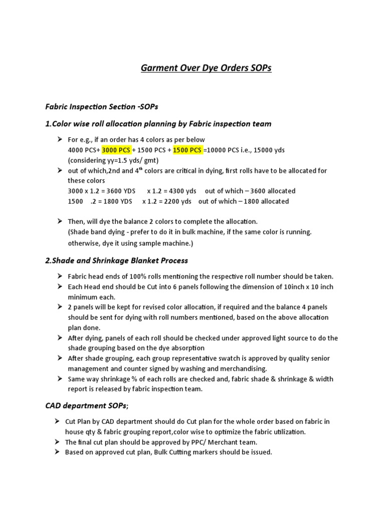 Garment Over Dyed Orders SOP | PDF | Sewing | Dyeing