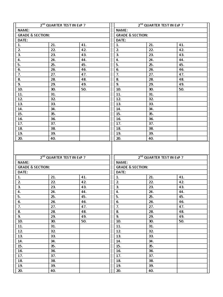 2ND QUARTER TEST IN EsP 7 ANSWER SHEETS | PDF