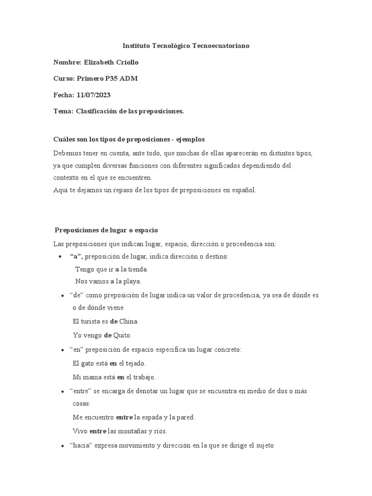 Cuáles Son Los Tipos de Preposiciones | Descargar gratis PDF ...