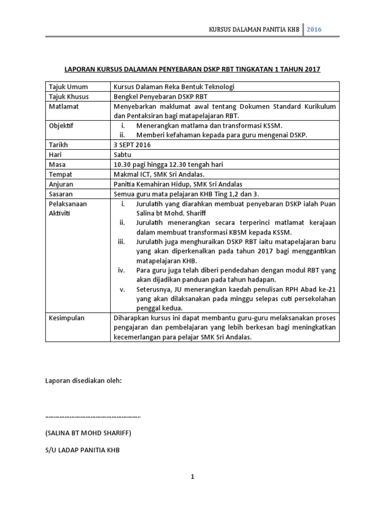 Laporan Bengkel KSSM RBT | PDF
