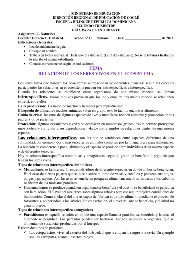 Relación de Los Seres Vivos en El Ecosistema | PDF