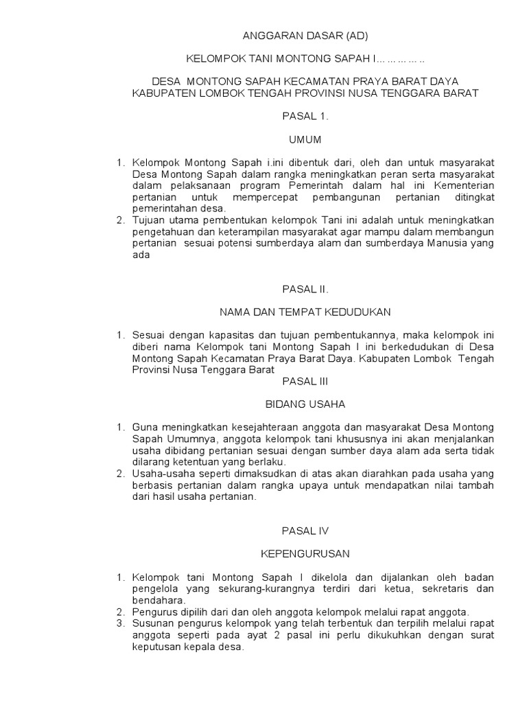 Anggaran Dasar Kelompok Tani Montong Sapah | PDF | Pengelolaan Keuangan ...