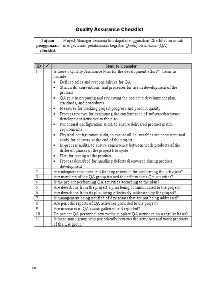 B - QA. Checklist | PDF