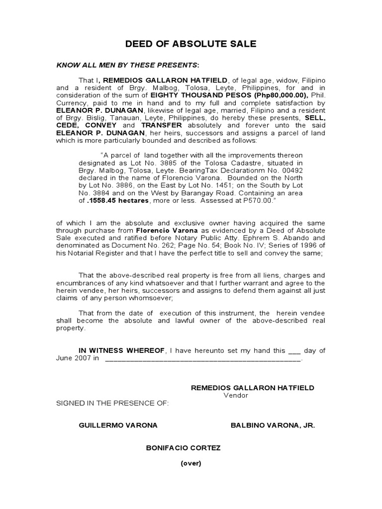 DEED of ABSOLUTE SALE - Tax Declaration and Previous Deed | Download Free PDF | Deed | Real ...