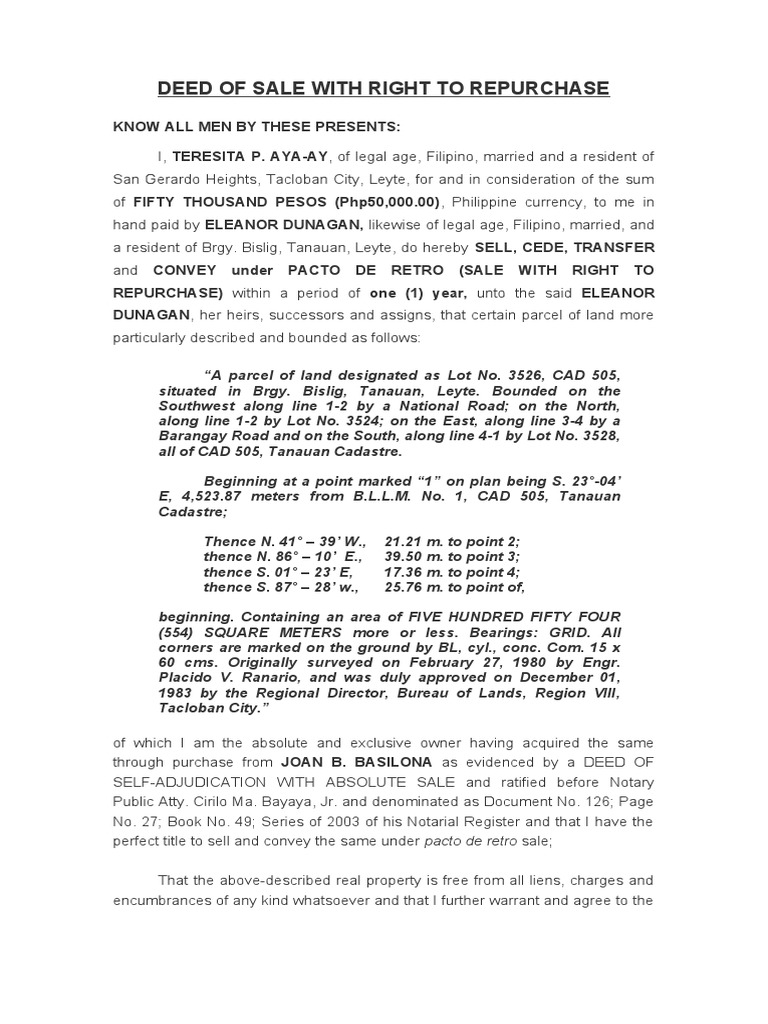 Deed of Sale With Right to Repurchase | PDF