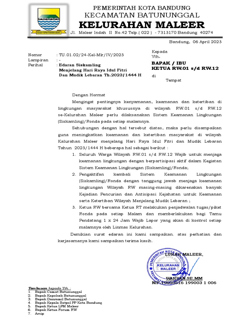 Surat Edaran Siskamling Lebaran | PDF