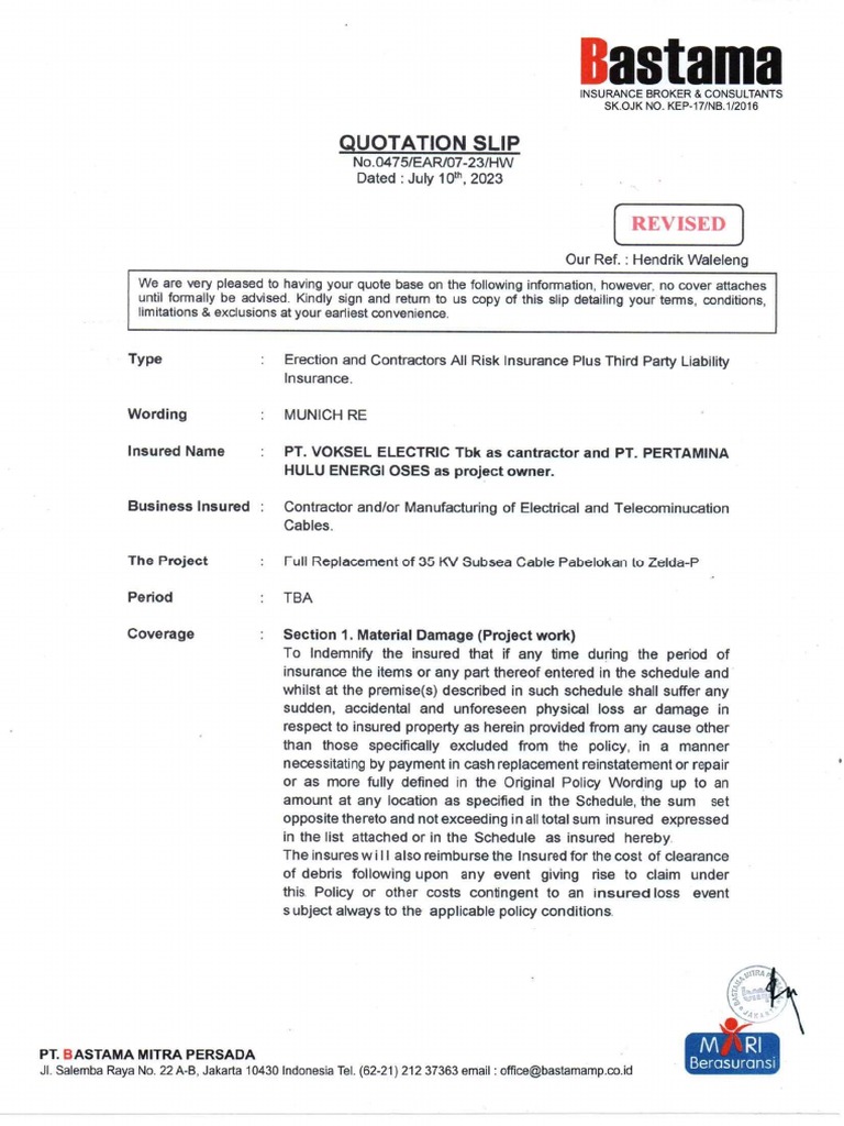 Quotation Slip EAR - PT VOKSEL ELECTRIC TBK - Asuransi - REVISED | PDF