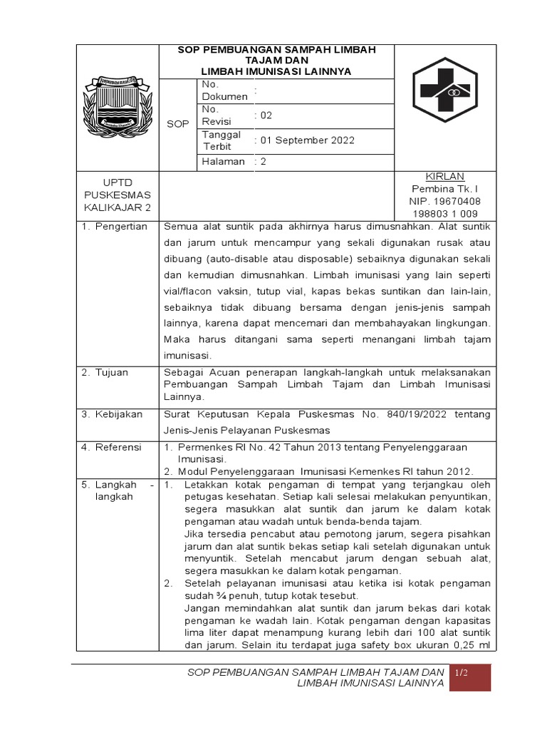 Sop Pembuangan Sampah Limbah Tajam | PDF