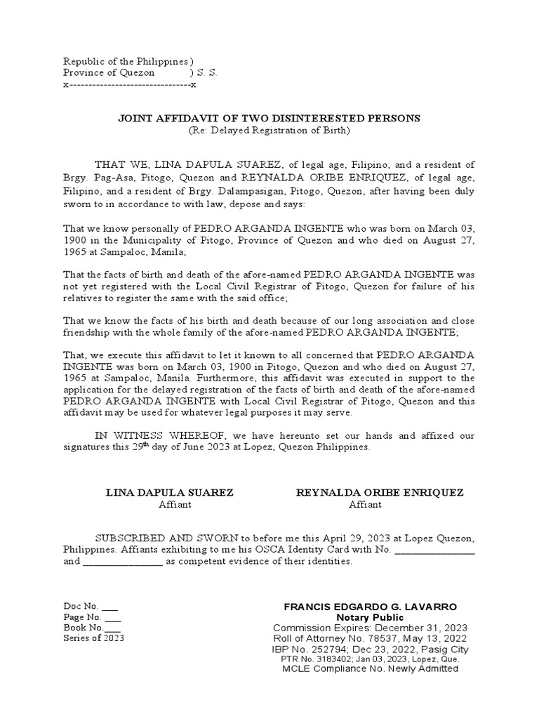 Affidavit of Two Disinterested Person | PDF