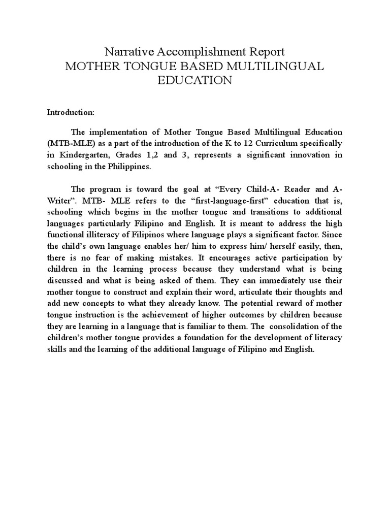 Narrative Accomplishment Report MTB-MLE | PDF | Language Arts ...