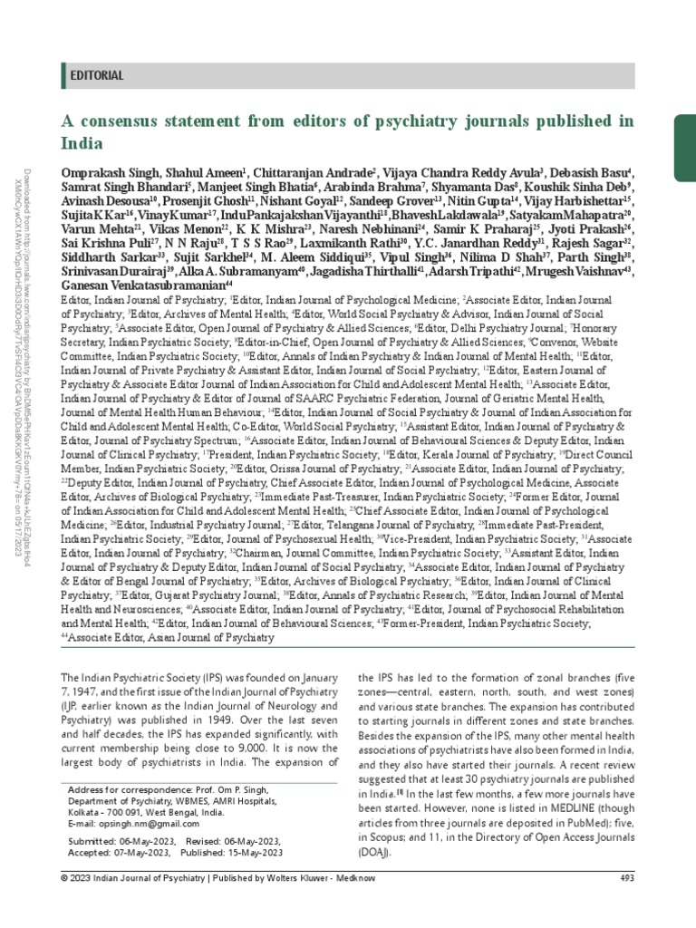 Consensus on Indian Psychiatry Journals | PDF | Psychiatry | Academic ...