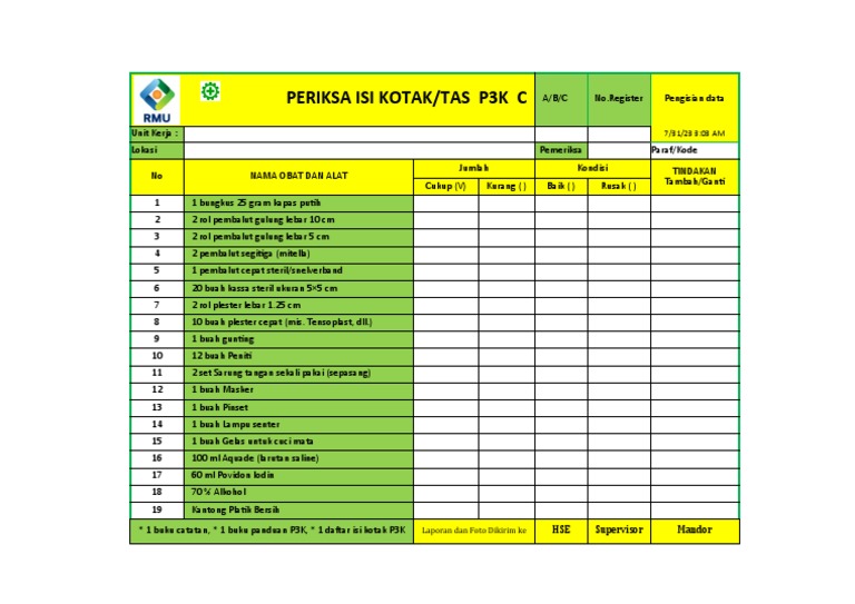 Check List Isi Kotak P3K Kelas C | PDF