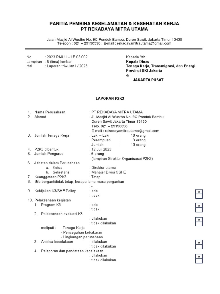 Laporan P2K3 Disnaker | PDF