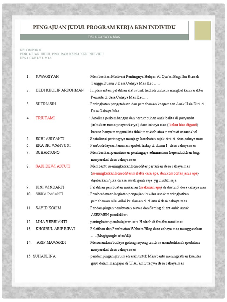 Pengajuan Judul Program Kerja KKN Individu | PDF