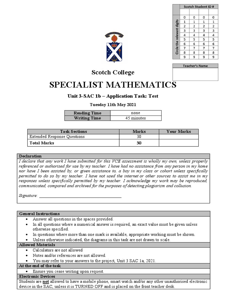 Specialist Mathematics: Scotch College | PDF