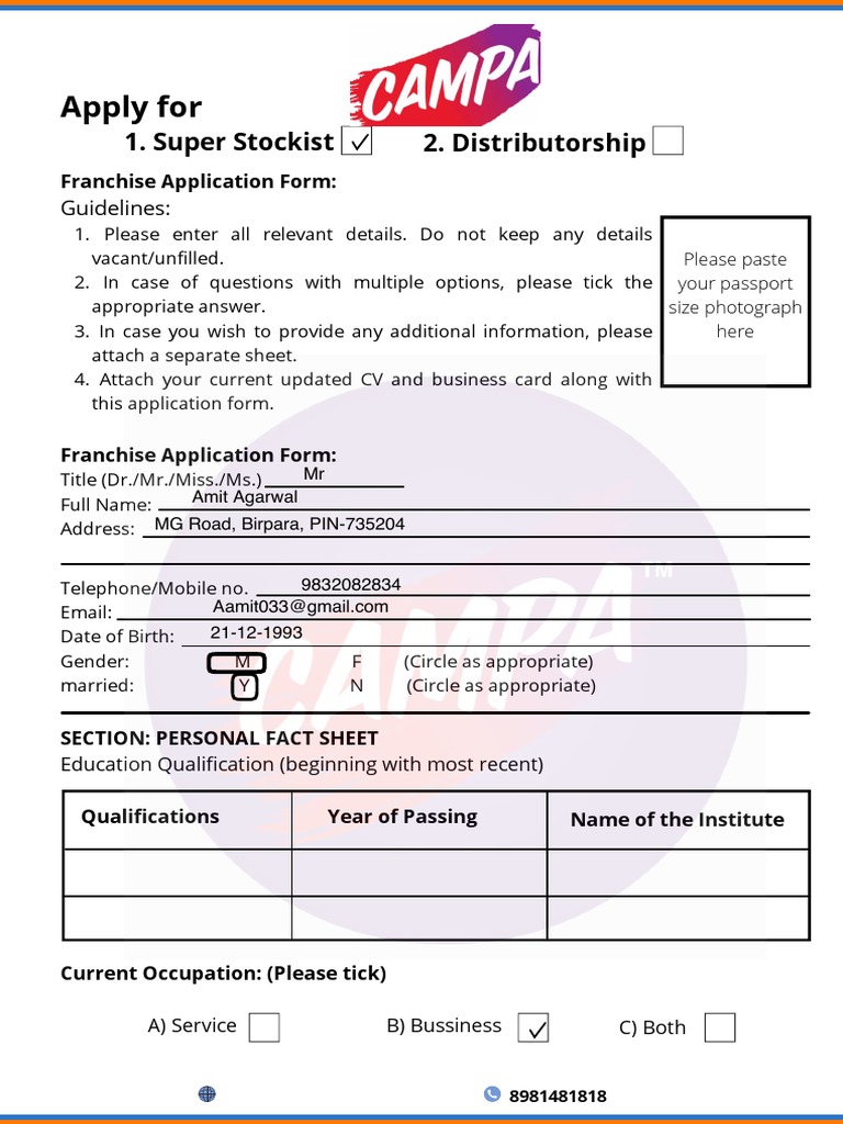 Campa Cola Franchise Application Form | PDF