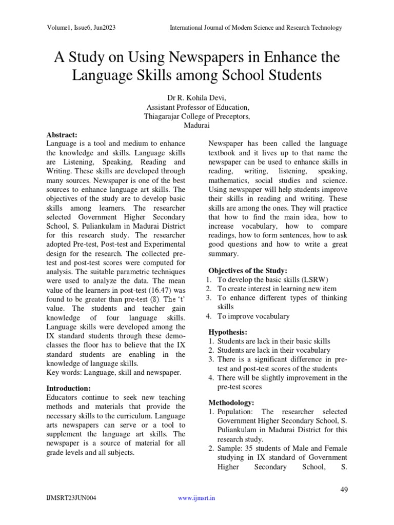A Study On Using Newspapers in Enhance The Language Skills Among School Students | PDF ...