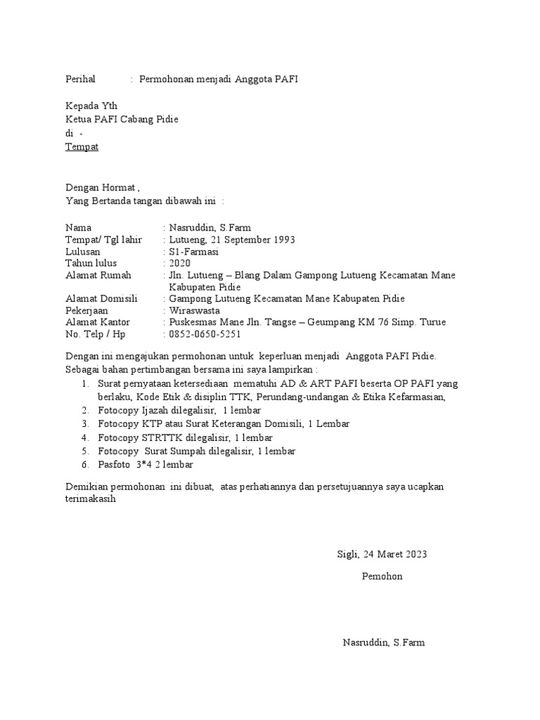 Permohonan Menjadi Anggota PAFI-1 | PDF