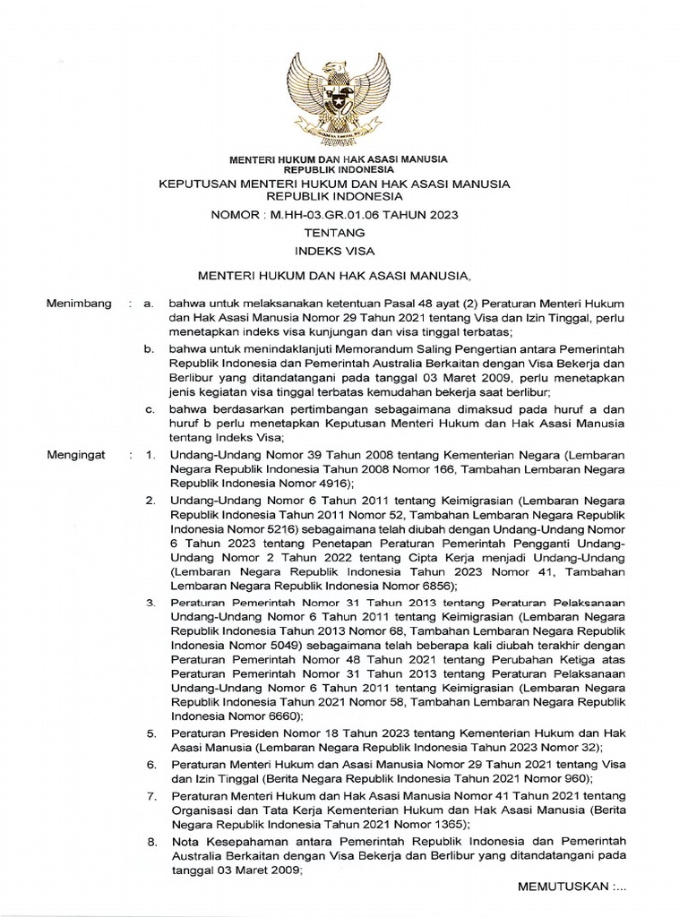 Kepmen Indeks Visa Nomor M.HH-03.GR.01.06 TAHUN 2023 | PDF