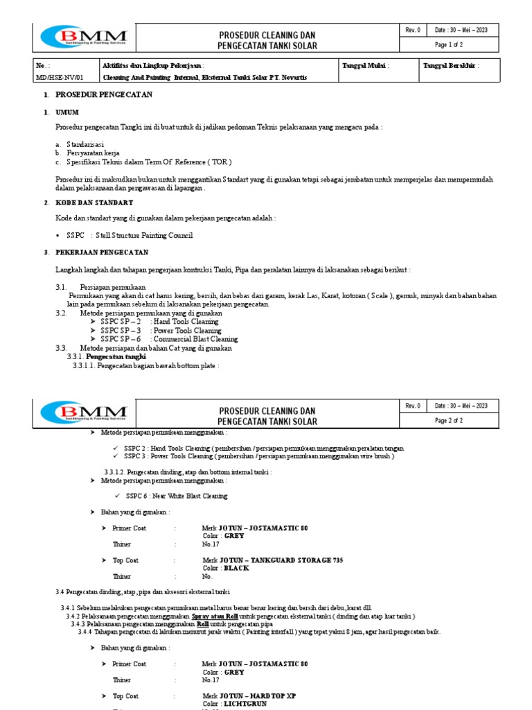 TMU-JSA Wartsila Kendari Cleaning and Painting | PDF