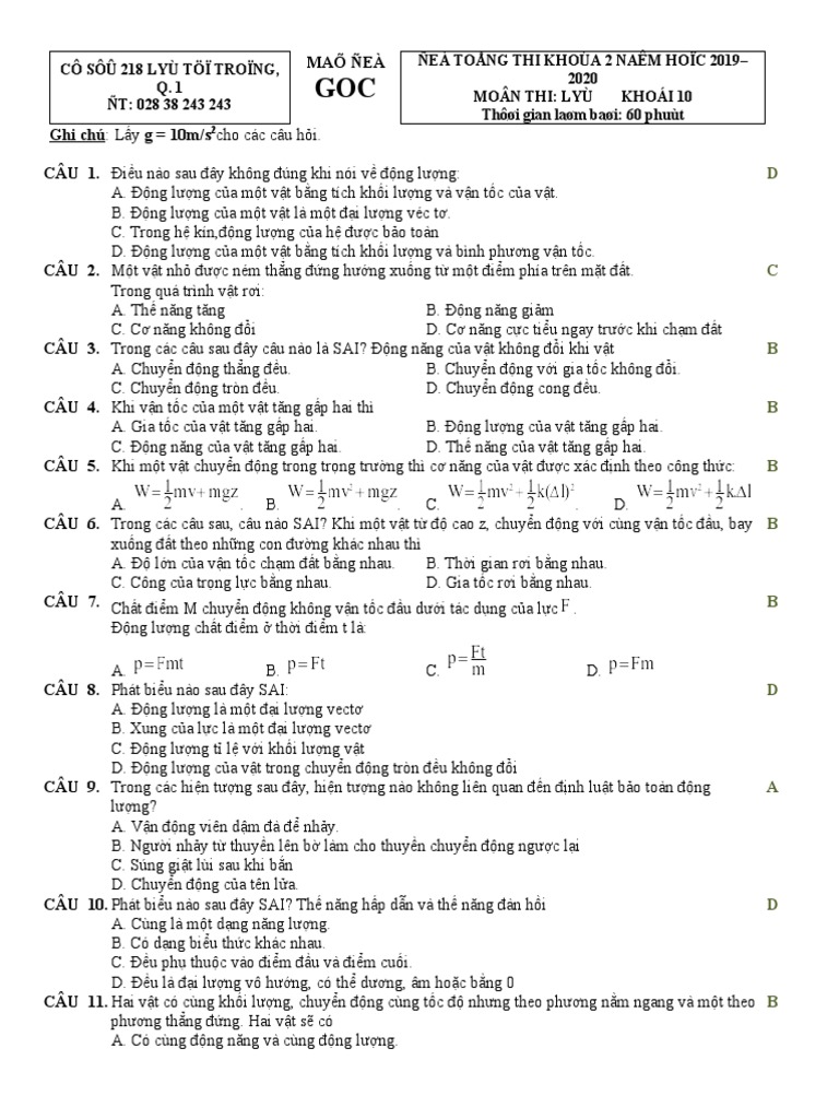Cô Sôû 218 Lyù Töï Troïng, Q. 1 ÑT: 028 38 243 243 Ñeà Toång Thi Khoùa 2 Naêm Hoïc 2019 - 2020 ...