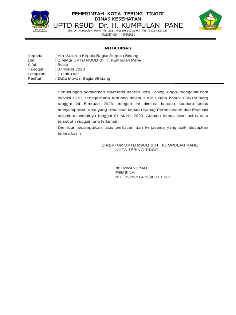 NOTA DINAS Permintaan Data Inovasi | PDF