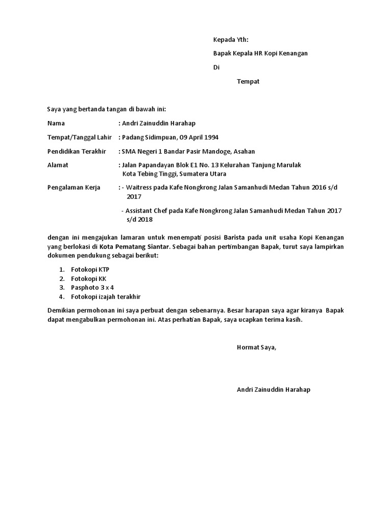 Lamaran Andri Kopi Kenanga | PDF