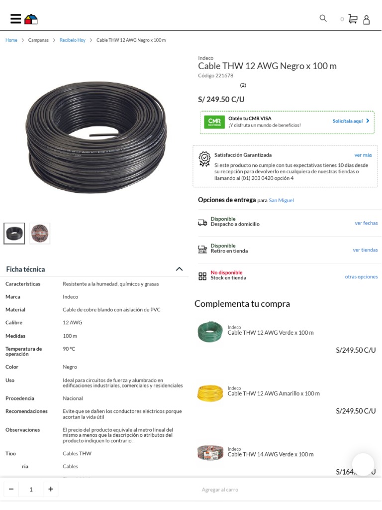 Cable THW 12 AWG Negro x 100 m - Sodimac.com.pe | PDF