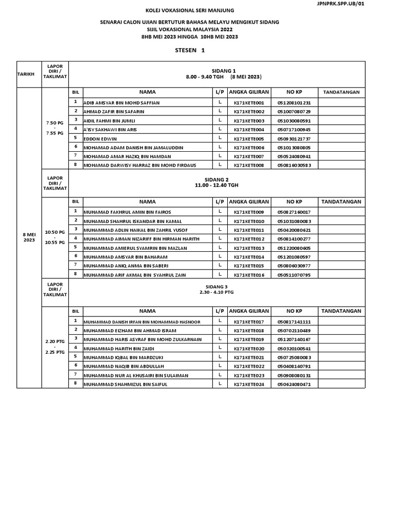 Senarai Calon Sidang BM SVM KVSM - Kehadiran-1 | PDF